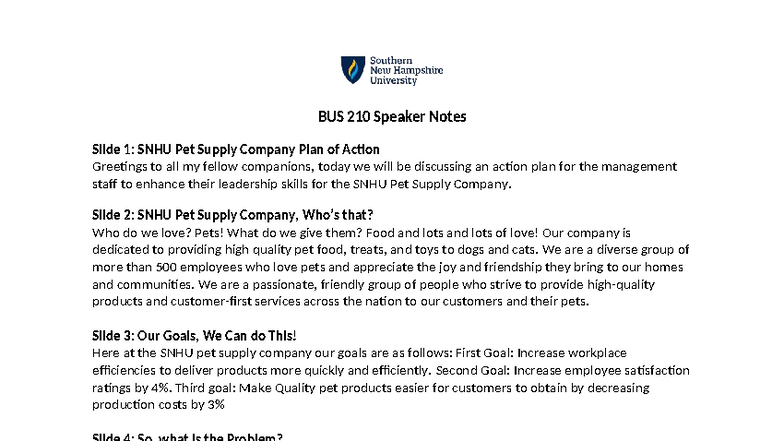 BUS 210 Speaker Notes: SNHU Pet Supply Co. Leadership Action Plan - Studocu