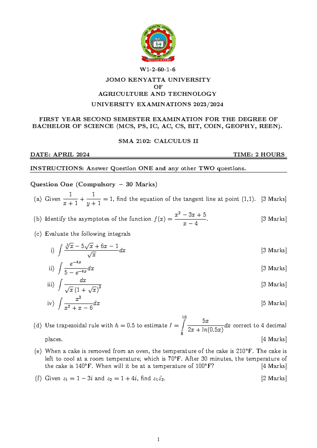 SMA 2102 Final Exam - April 2024 (Calculus II) Prof. Okelo - Studocu