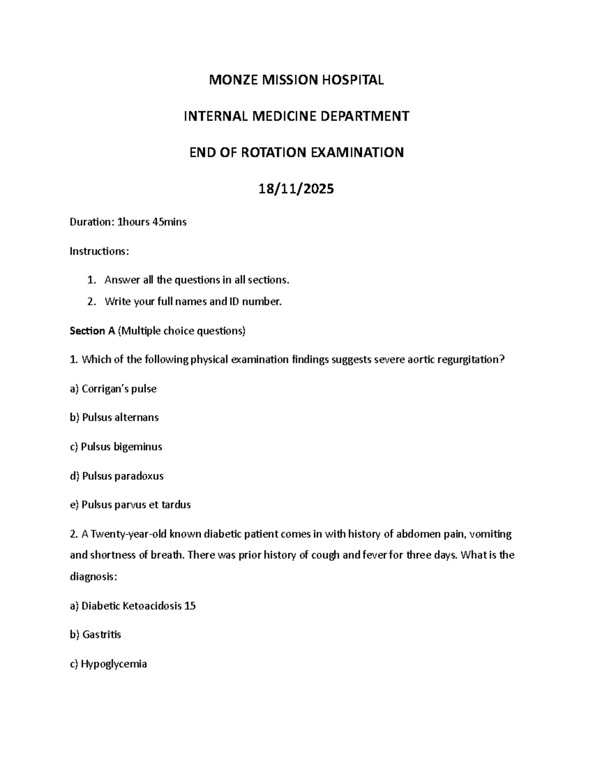 Monze Mission Hospital Midterm Internal Medicine Exam Questions - Studocu