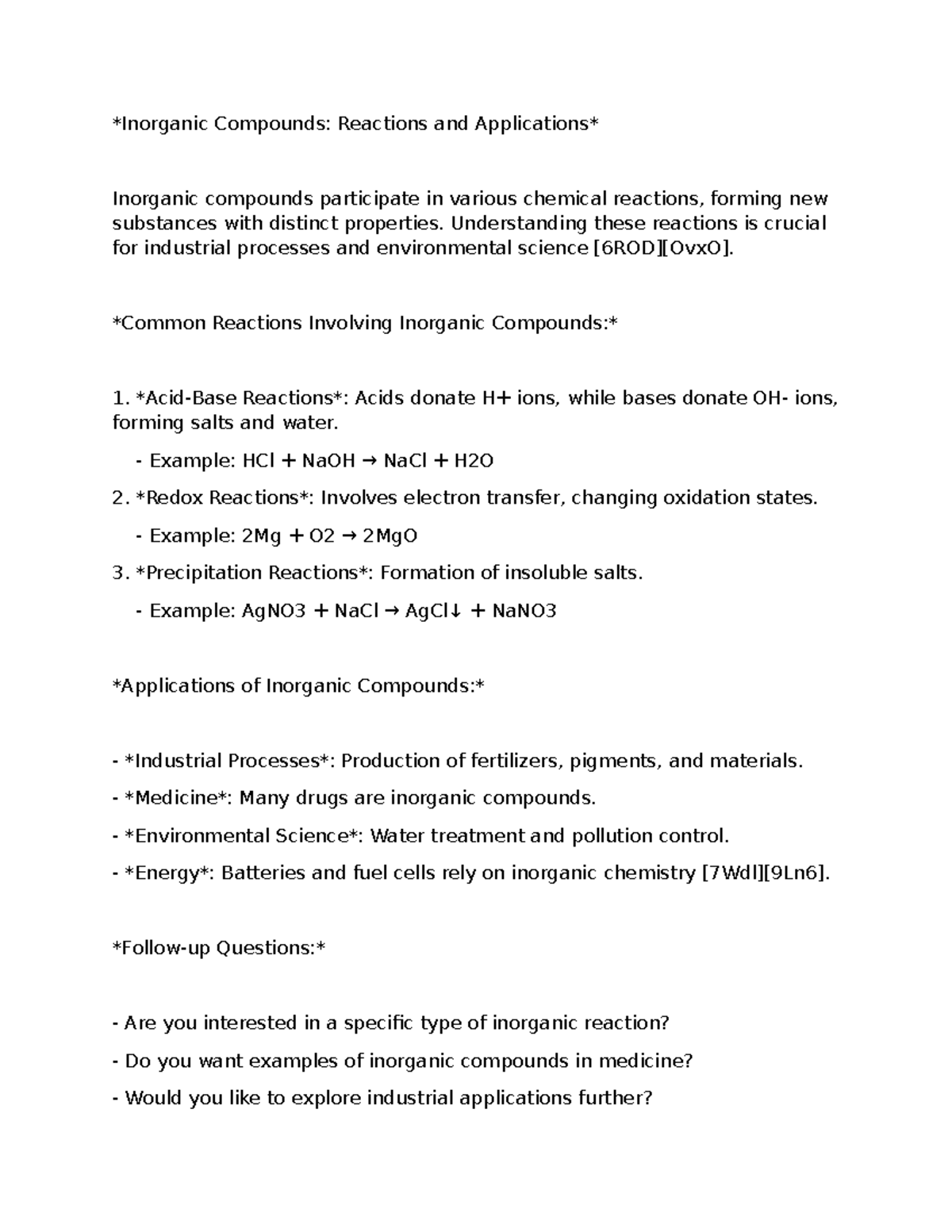 Inorganic Compounds: Reactions & Applications (CHEM 101) - Studocu