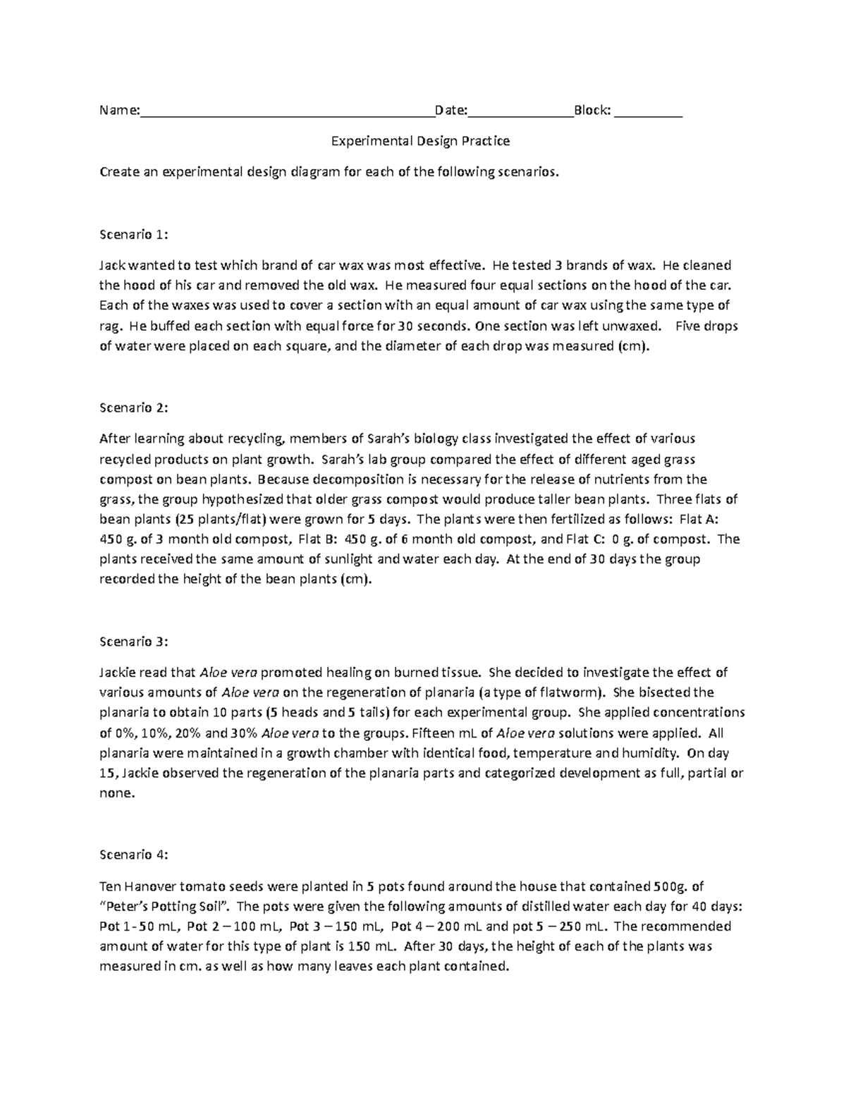 Experimental Design Practice Scenarios for Science 101 - Studocu