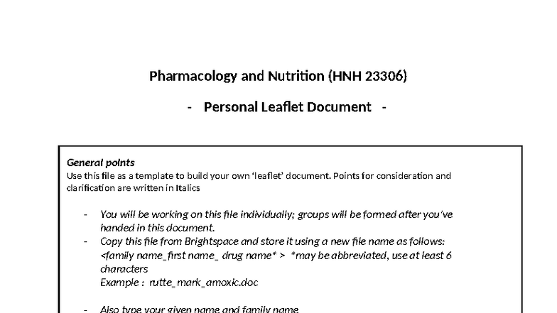 Pharmacology and Nutrition (HNH 23306) Personal Leaflet Template ...