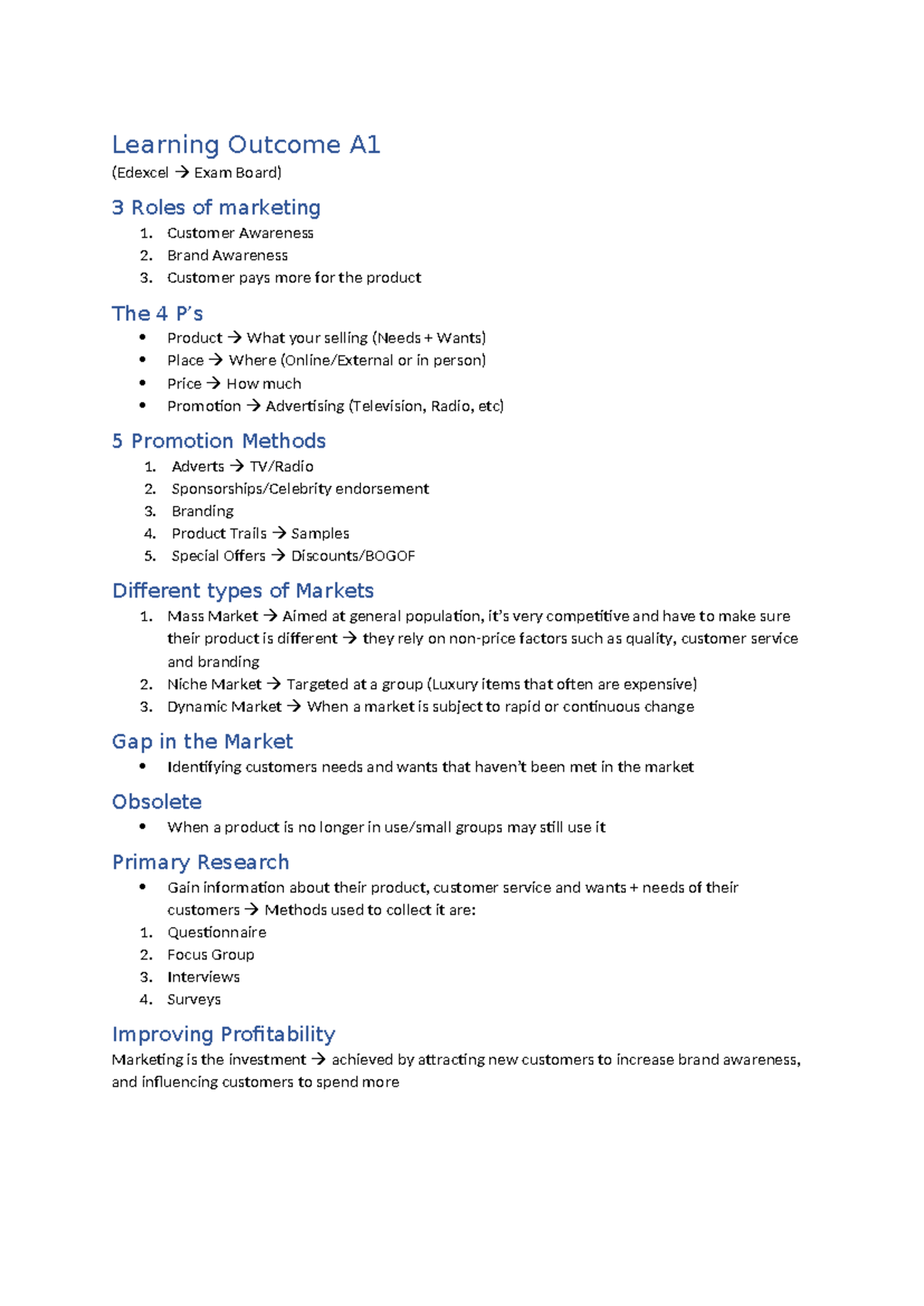 Learning Outcome A1 & B1: Marketing Principles Revision Notes - Studocu