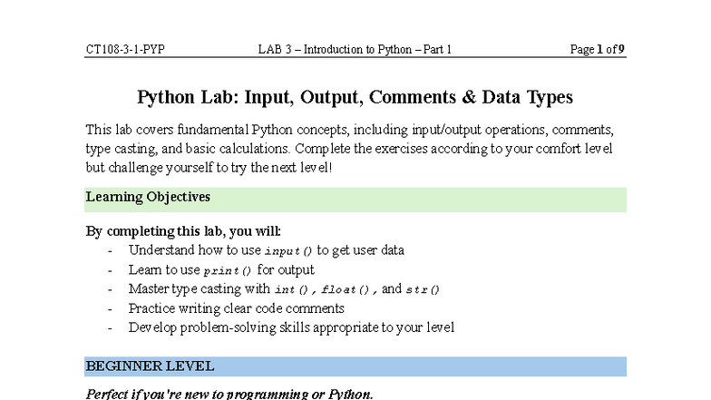 LAB 3: Intro to Python - Part 1 Exercises & Concepts - Studocu