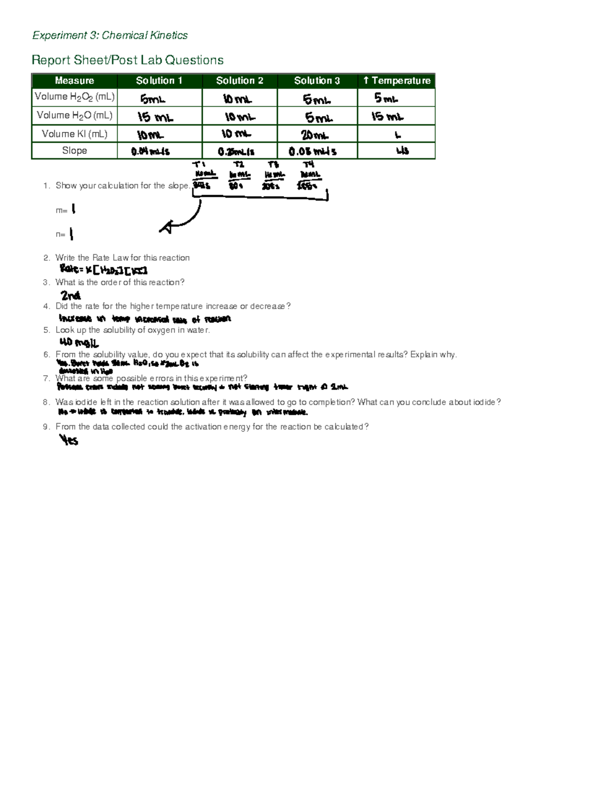 Chemical Kinetics Lab Report - Experiment 3: Chemical Kinetics Report Sheet/Post Lab Questions ...