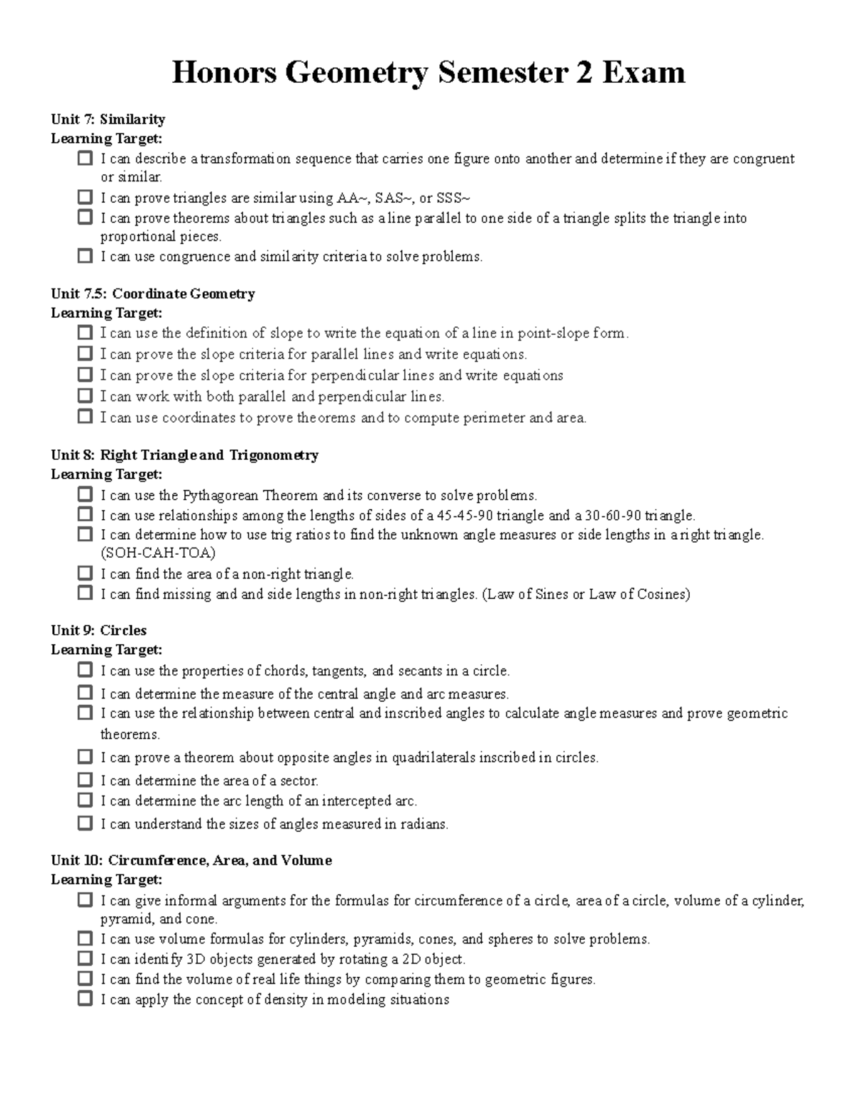 Honors Geometry Semester 2 Exam Review - Studocu