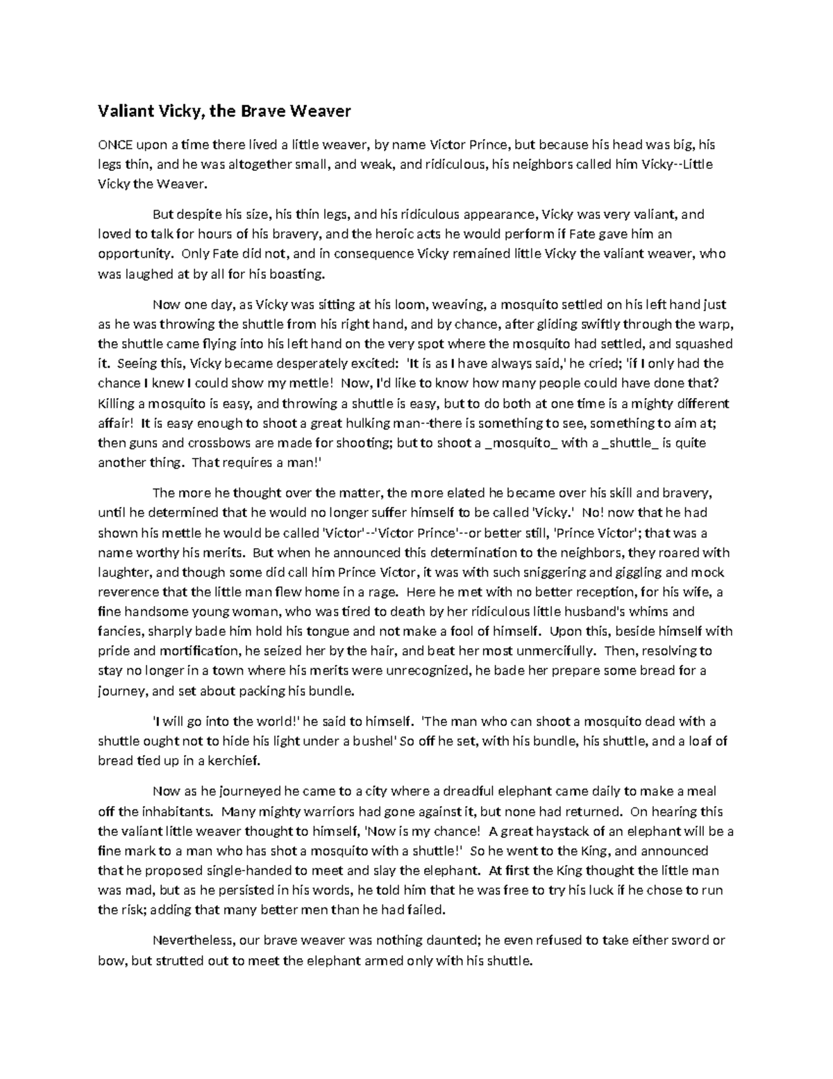 Valiant Vicky: The Brave Weaver's Folktale Analysis (ENG 101) - Studocu