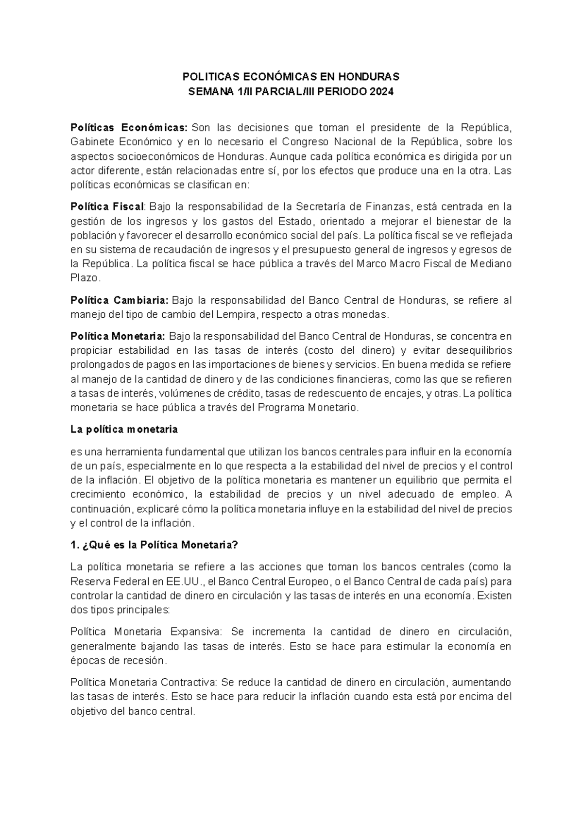 LA POLÍTICA MONETARIA EN HONDURAS: IPC Y SU IMPACTO (ECO101) - Studocu