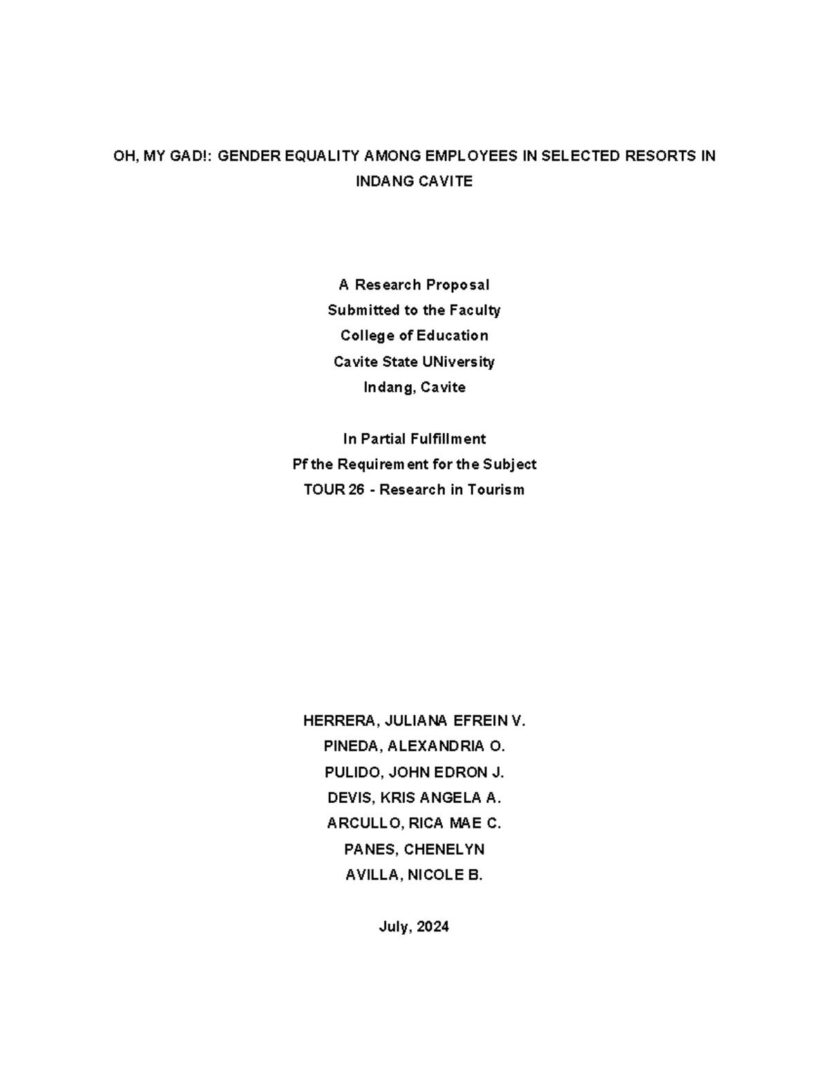 Research Proposal on Gender Equality Among Resort Employees (TOUR 26 ...
