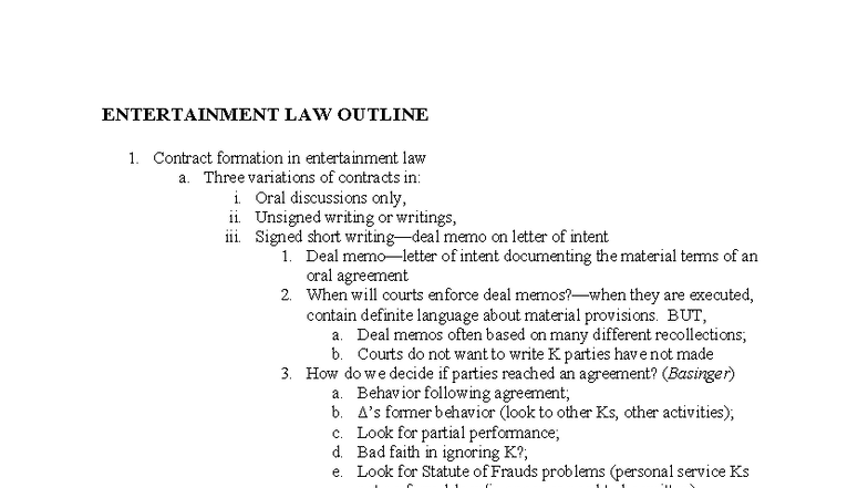 Entertainment Law Outline: Key Concepts and Contractual Issues - Studocu