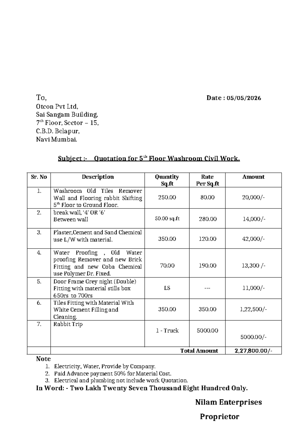 Quotation for 5th Floor Washroom Civil Work - Nilam Enterprises 2026 ...