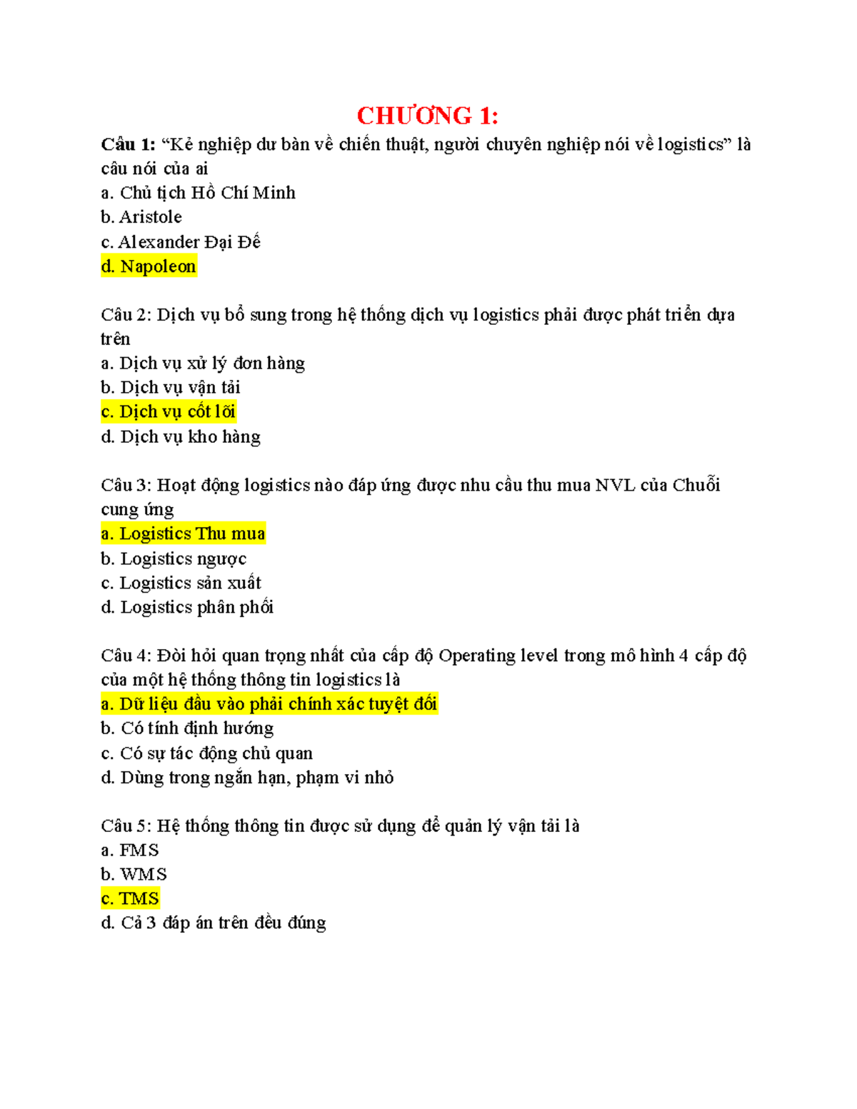 Chương 1 và 2 Ô N Tập QT LOG - BBA: Câu hỏi và đáp án về Logistics - Studocu