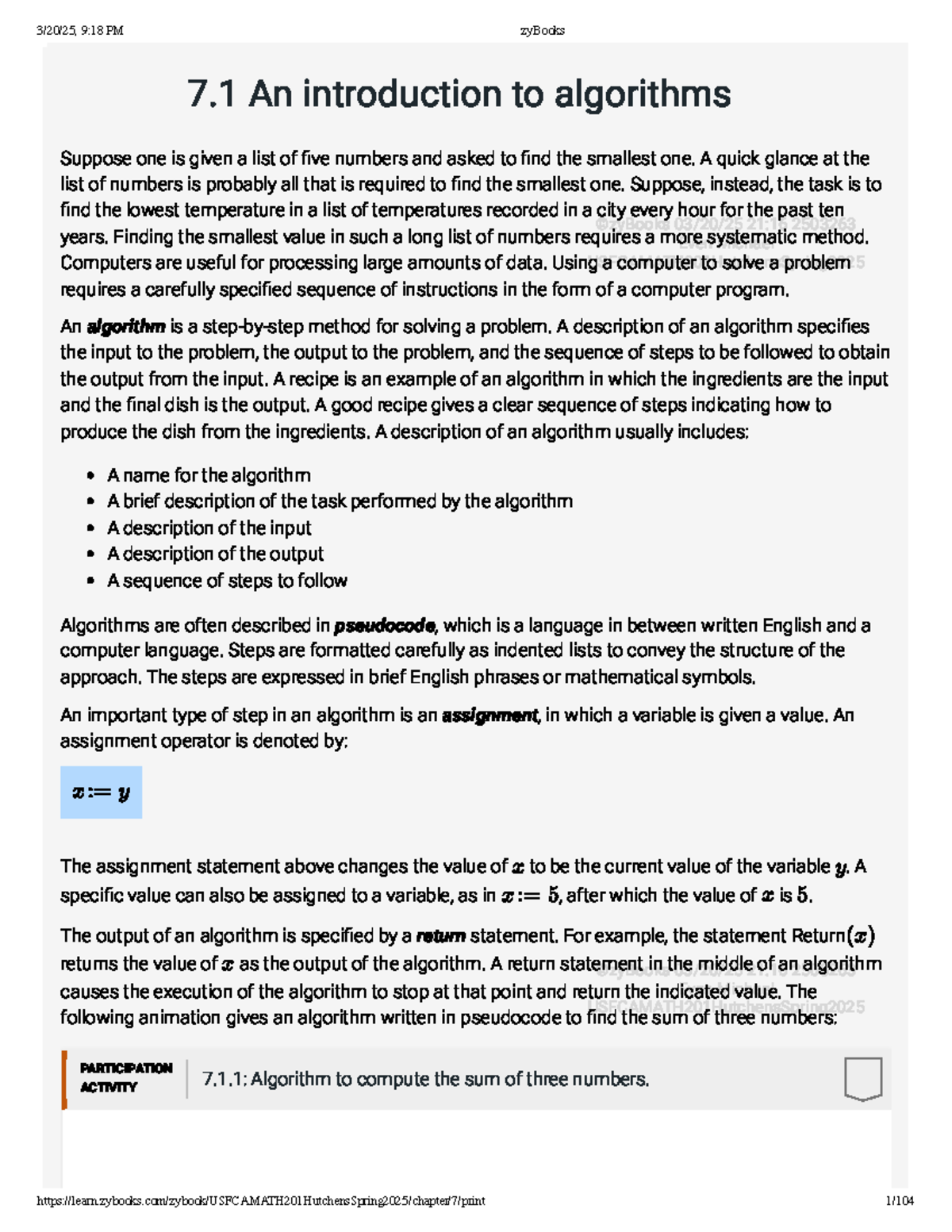 USFCAMATH201H: Algorithms for Sum and Smallest of Three Numbers - 7 An ...