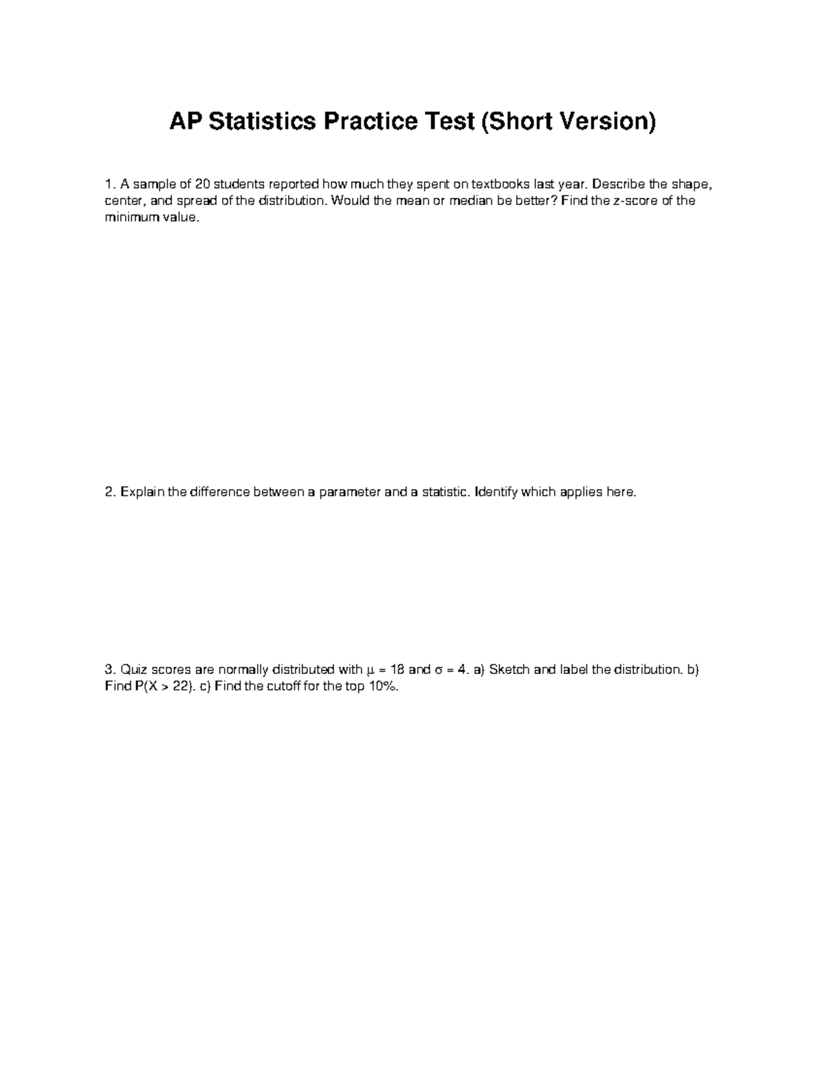 AP Statistics Short Practice Test: Key Concepts & Problems - Studocu
