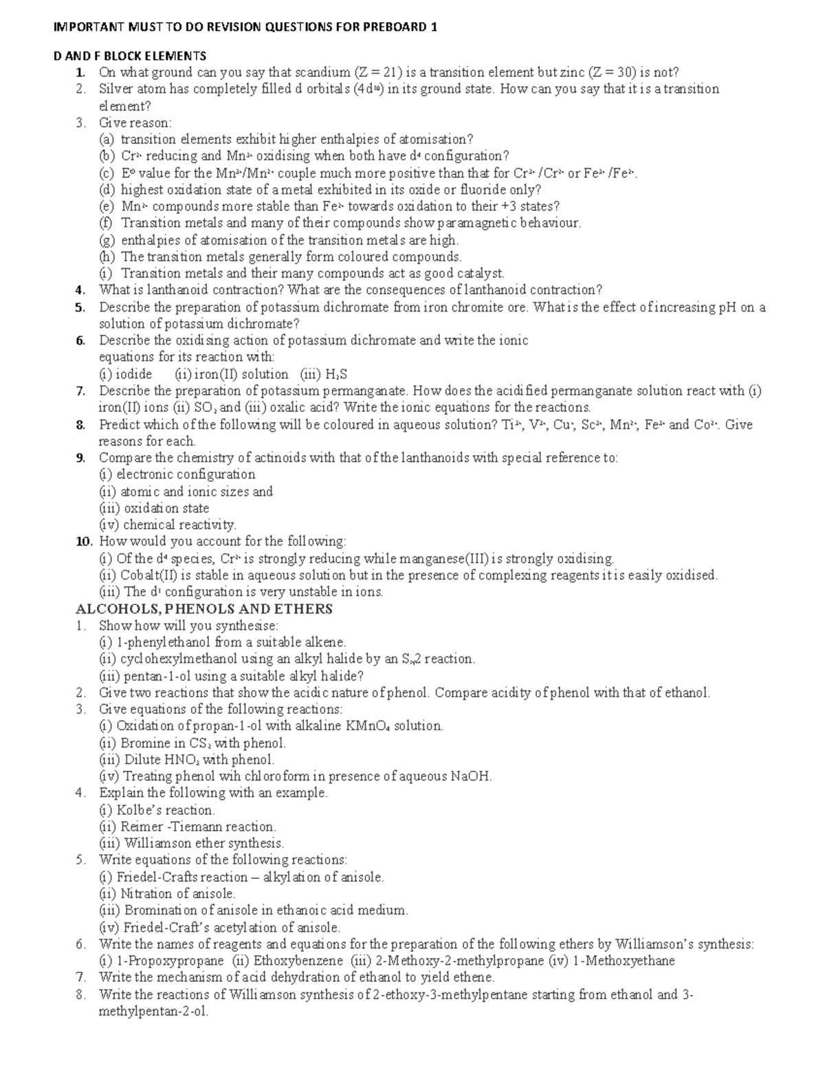 Imp Qs for Preboard 1: D & F Block Elements, Alcohols, Aldehydes - Studocu