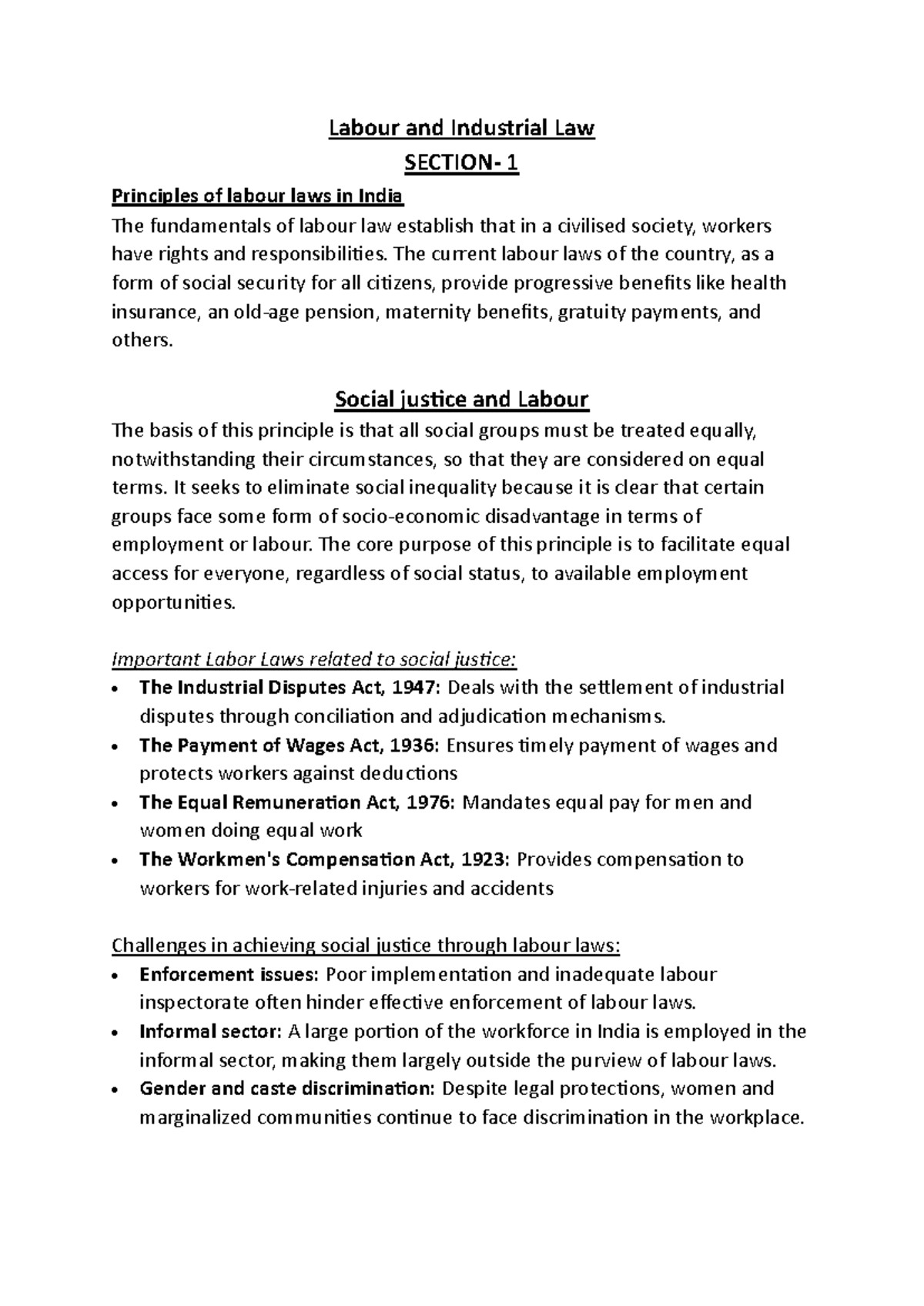 Labour and Industrial Law - Labour and Industrial Law SECTION- 1 ...