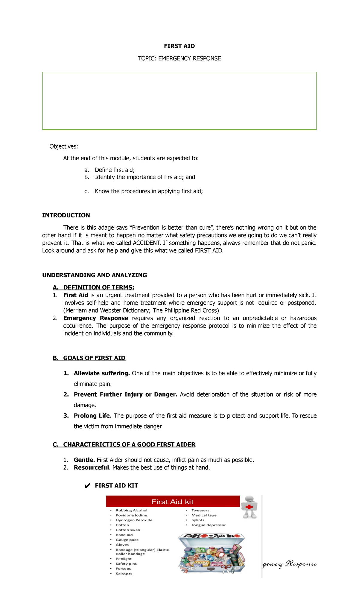 Emergency Response First Aid - Module 11 Overview and Guidelines - Studocu