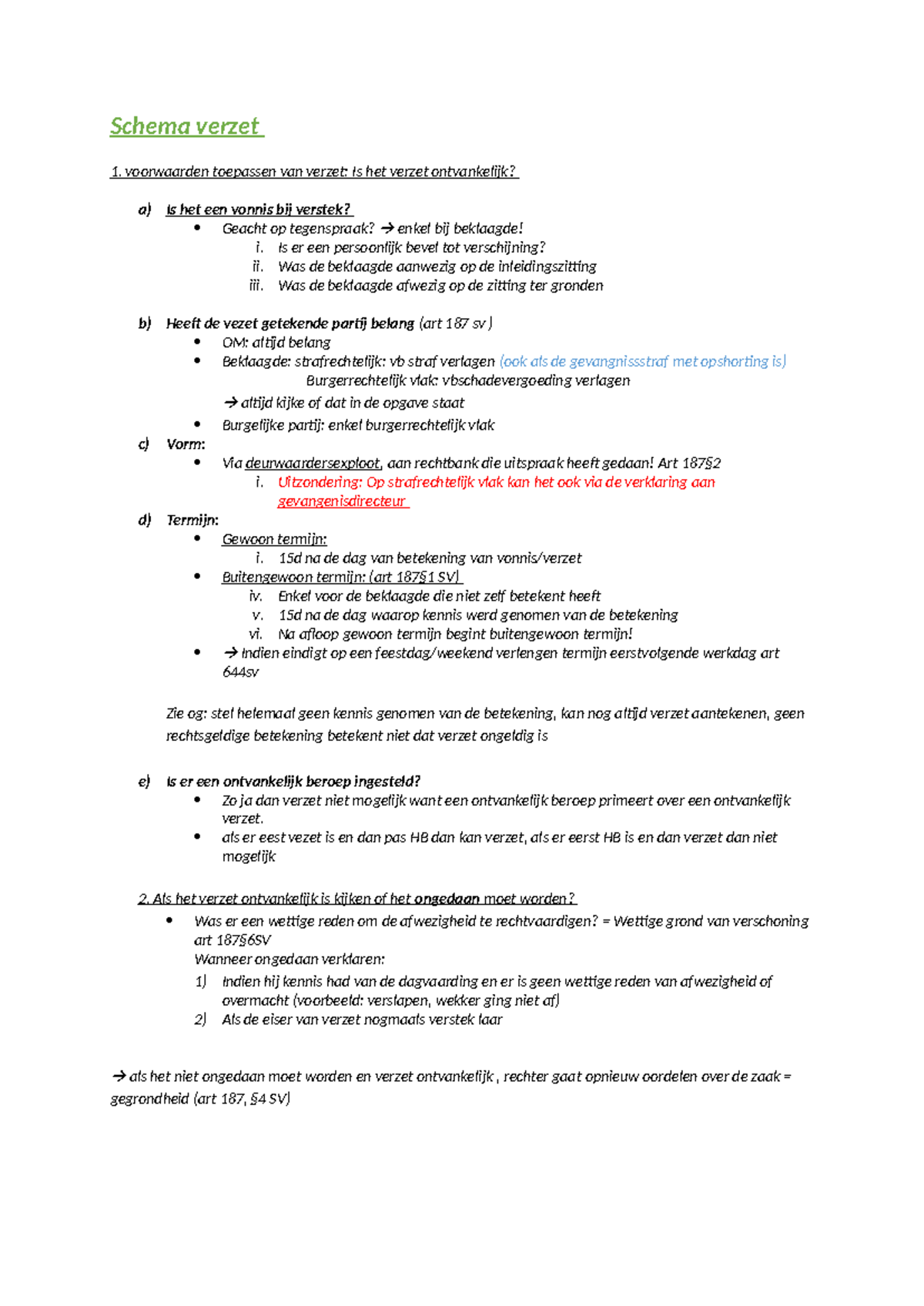 Schema Verzet 1: Voorwaarden en Ontvankelijkheid van Verzet - Studocu