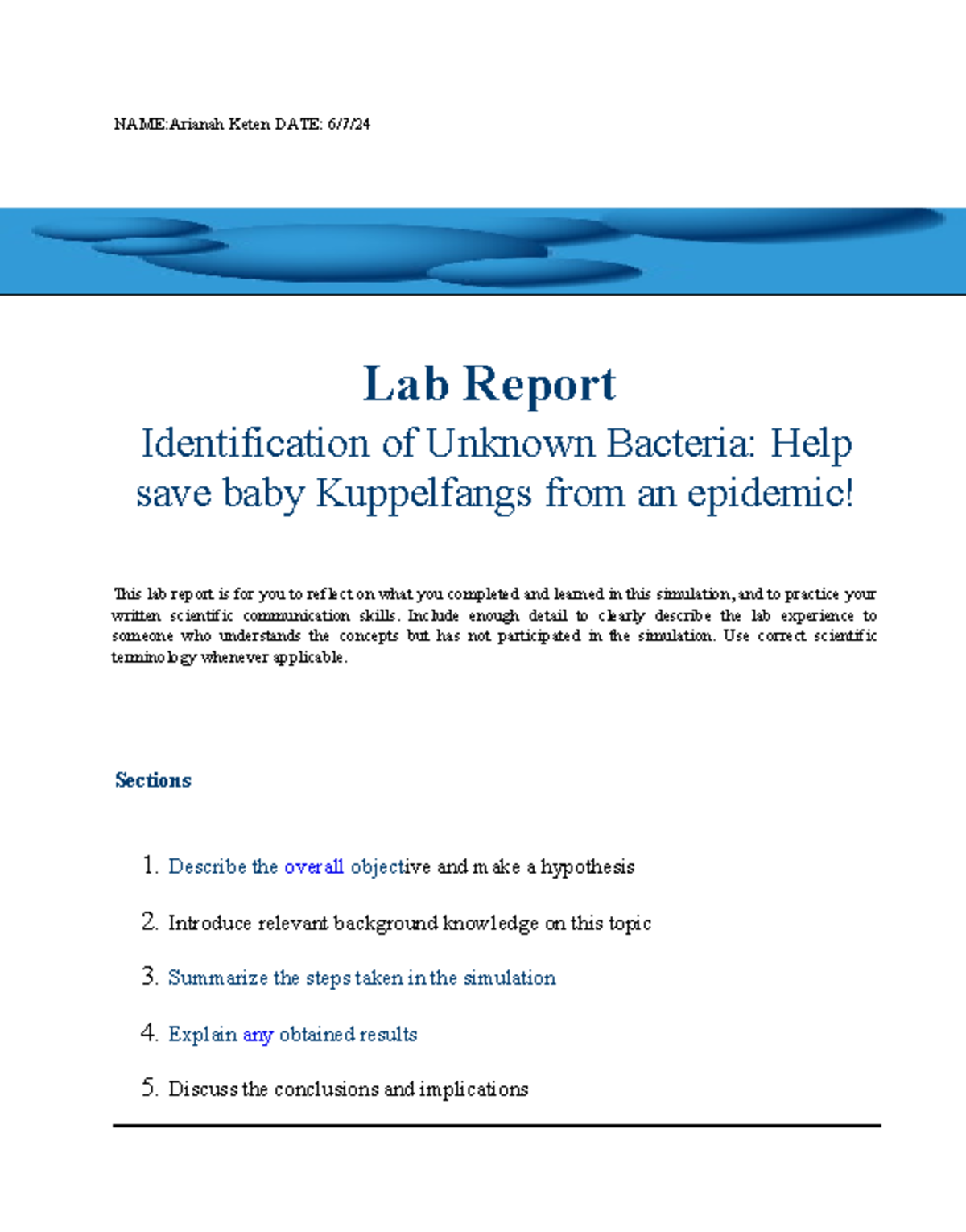 Lab Report: Identification of Unknown Bacteria and Treatment of Aliens ...