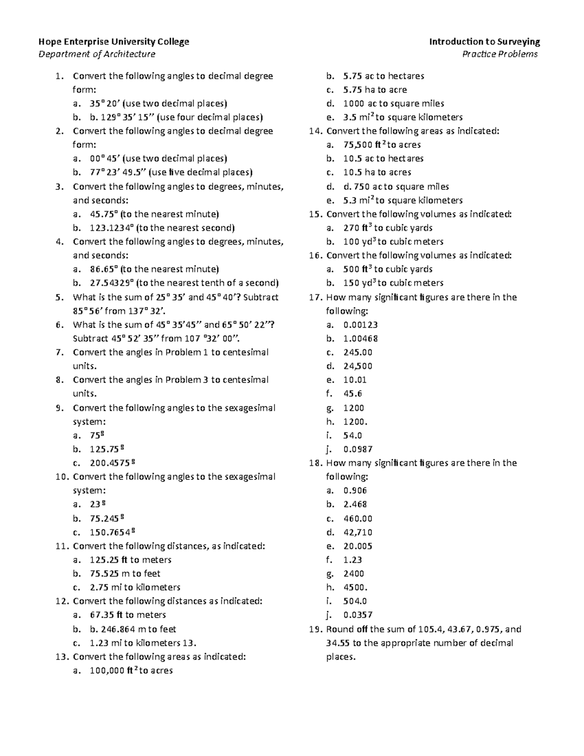 Practice Problems for Introduction to Surveying (ARCH 101) - Studocu