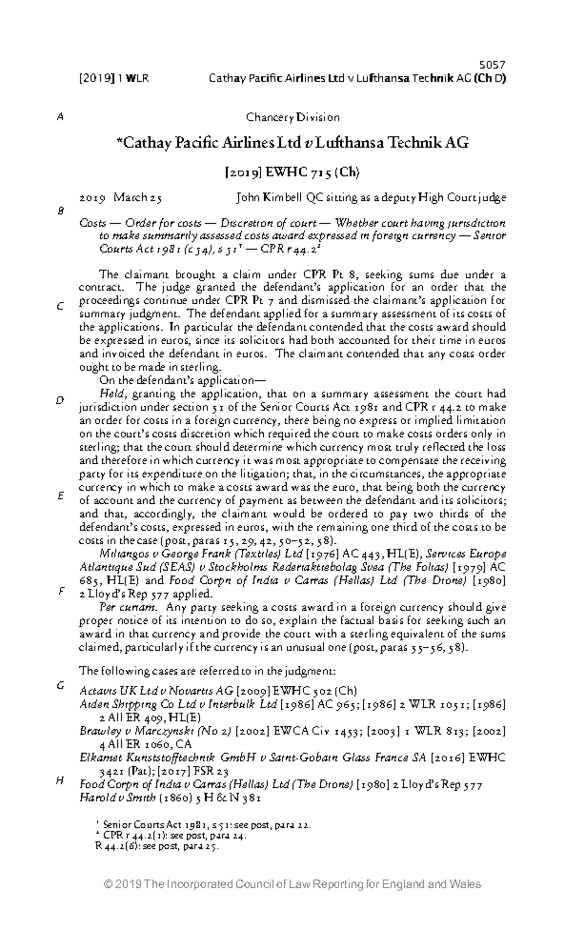 Cathay Pacific Airlines Ltd v Lufthansa Technik AG: Costs Order in ...