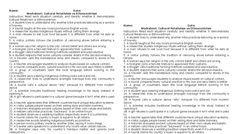 Cultural Relativism vs Ethnocentrism Worksheet: Analysis Guide - Studocu