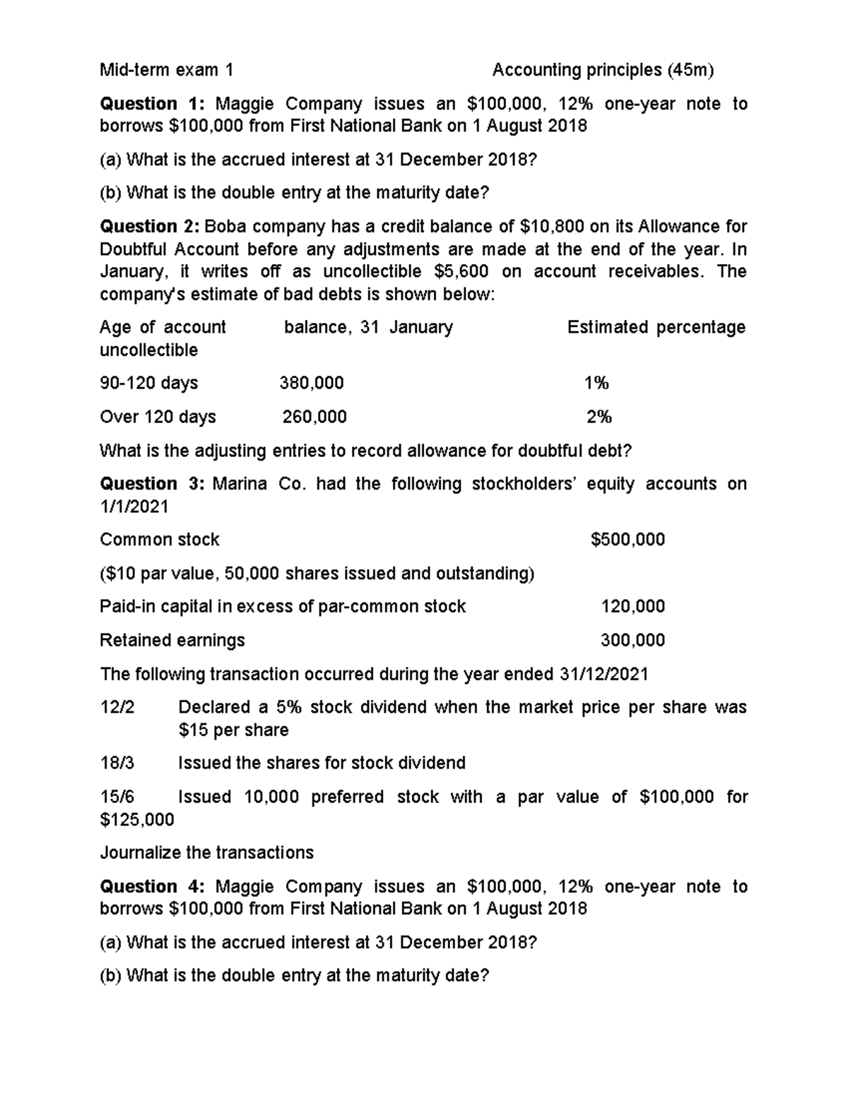 Exam 1 - Accounting Principles (45m) Review Questions - Studocu