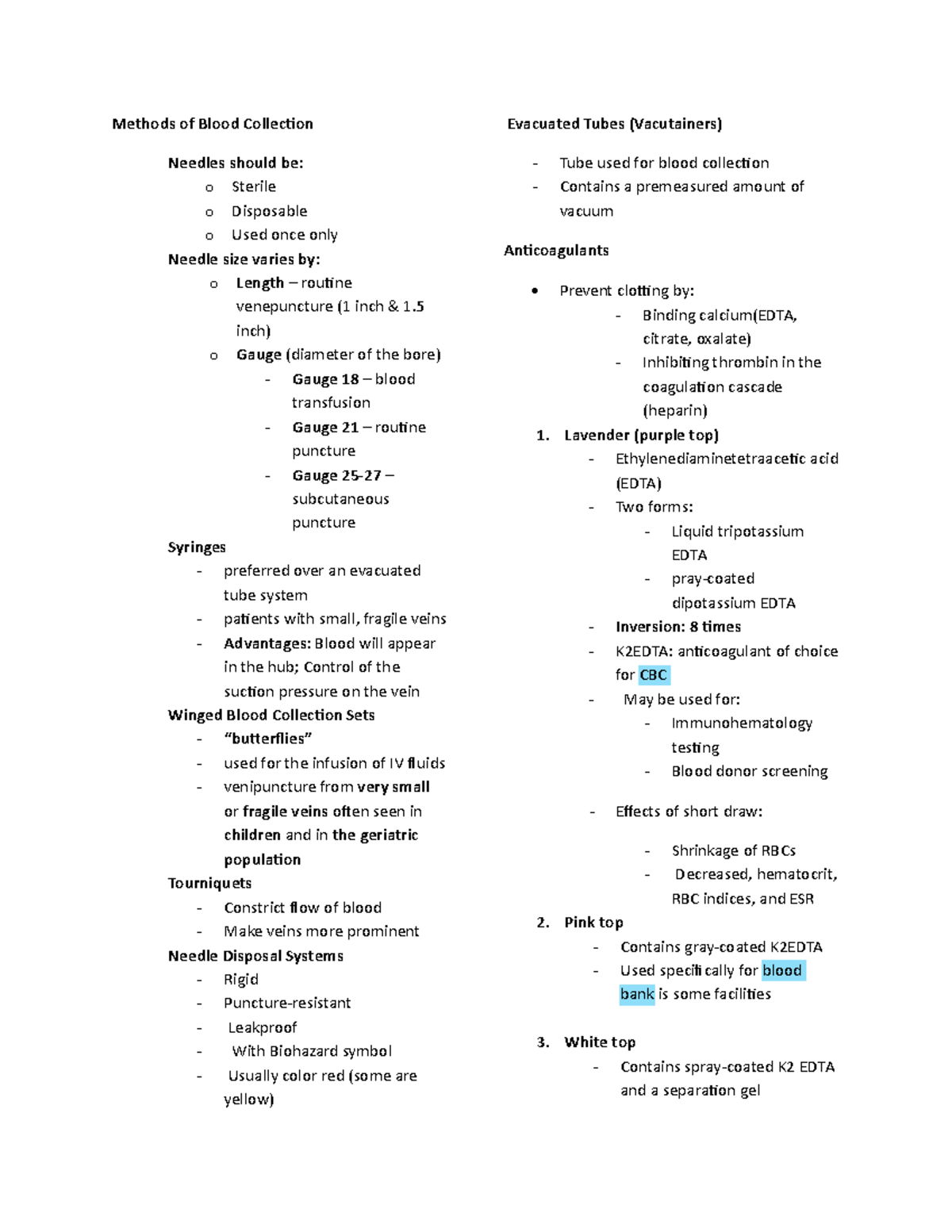 Methods of Blood Collection: HEMA Lecture Notes - Studocu
