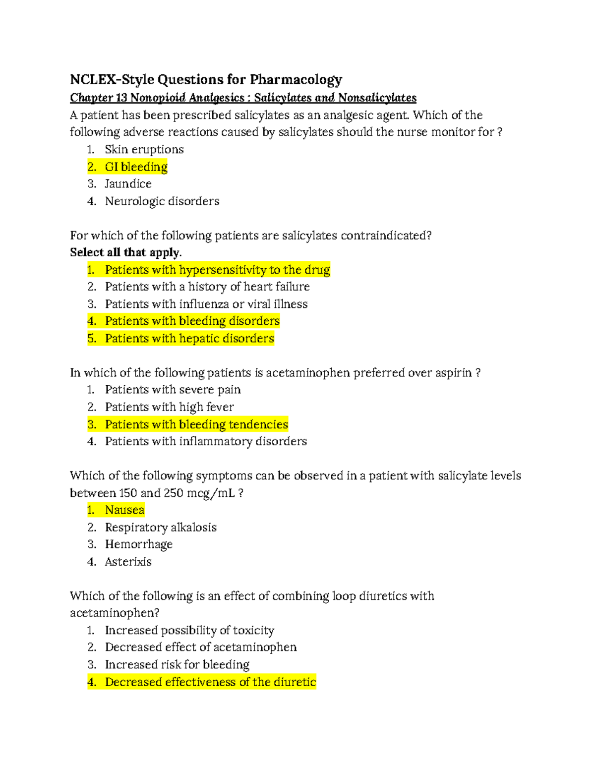NCLEX Questions on Pharmacology: Nonopioid & Opioid Analgesics - Studocu