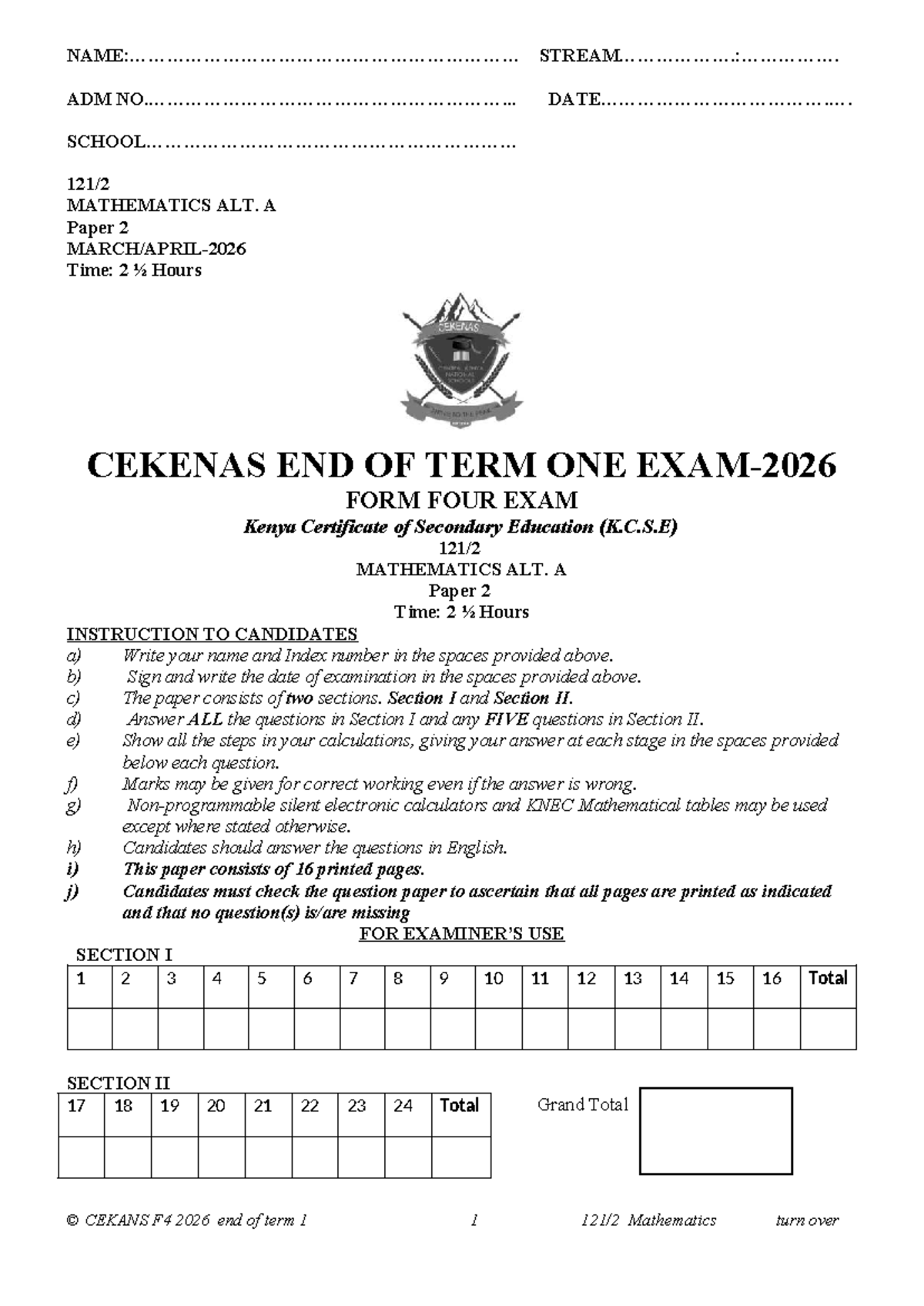 K.C.S.E. Mathematics ALT. A Paper 2 - End of Term 1 Exam 2026 - Studocu