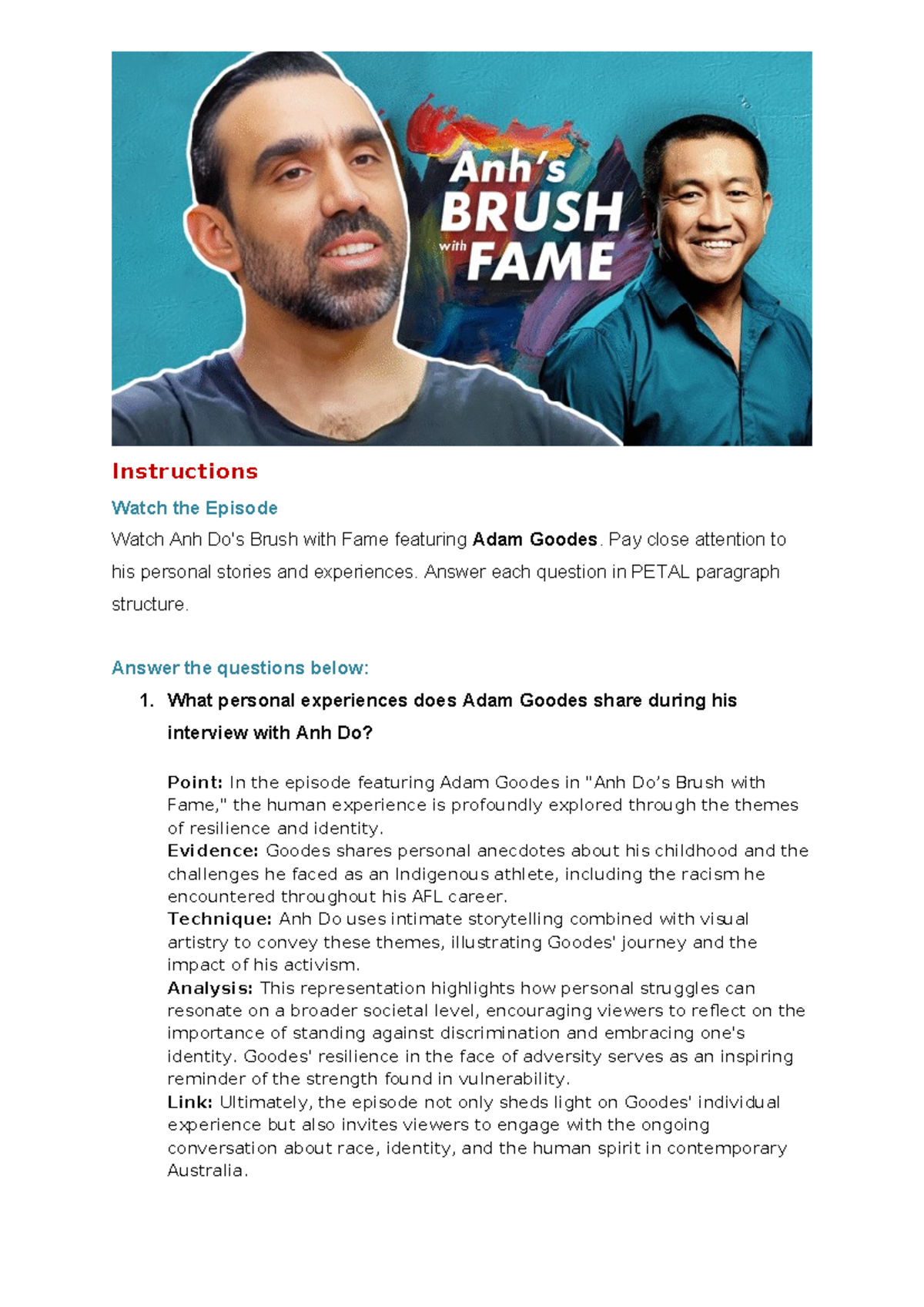 Anh Do's Brush with Fame: Adam Goodes Analysis & Insights - Studocu