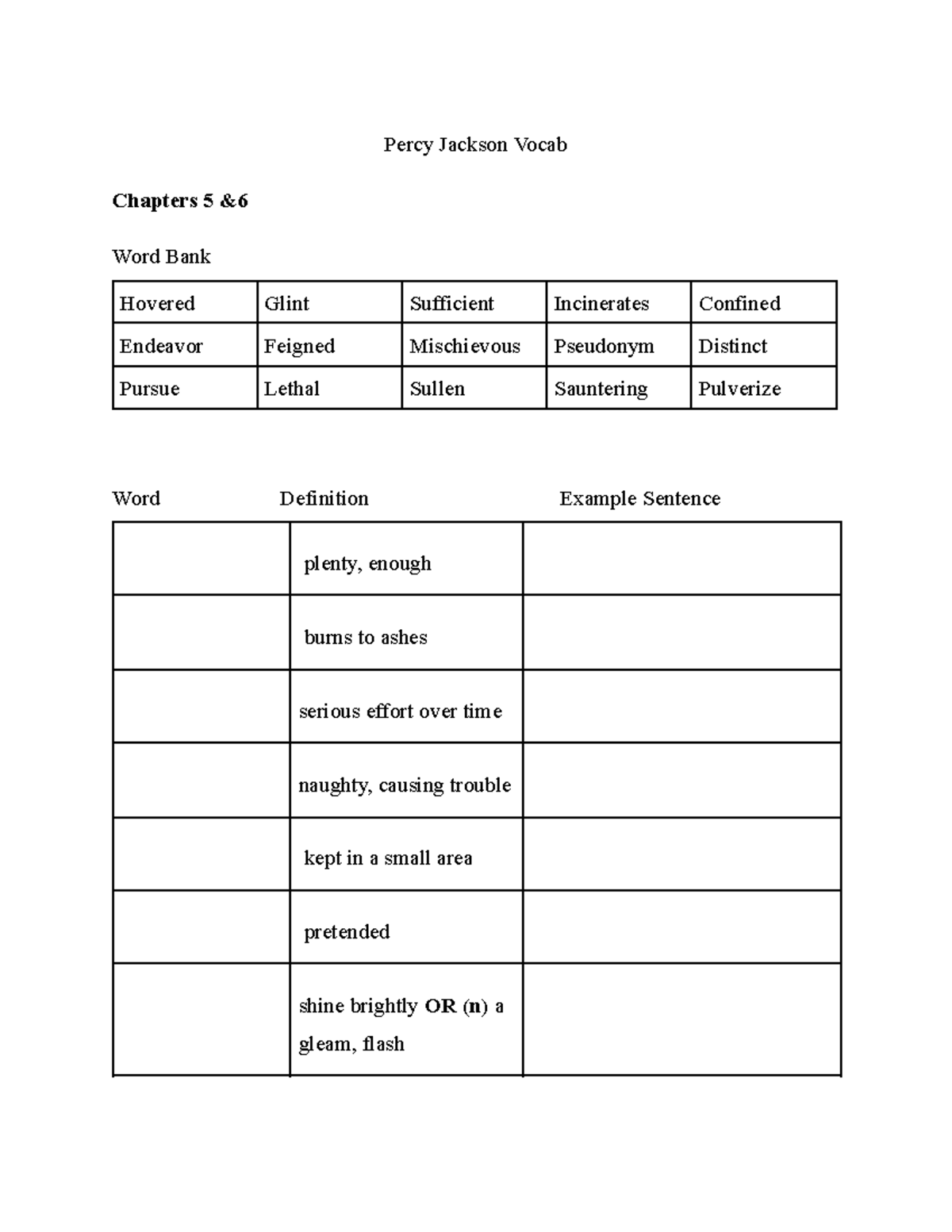 Percy Jackson Vocab Matching Chapter 5: Word Bank & Definitions - Studocu