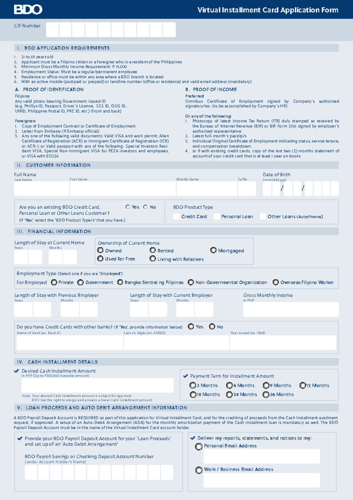 BDO Virtual Installment Card Application Form Requirements - Studocu