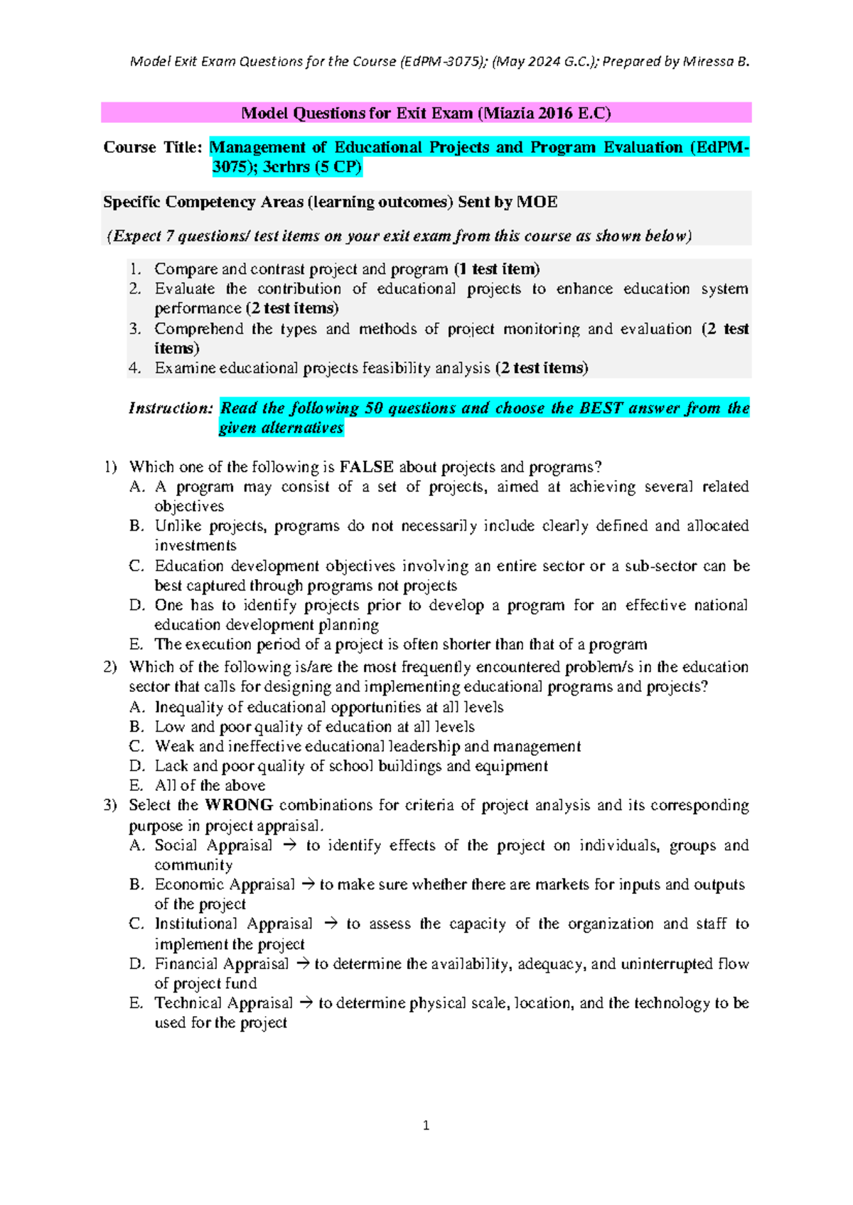Model Questions for Final Exam in Mgt of Educ Projects & EdPM 3075 ...