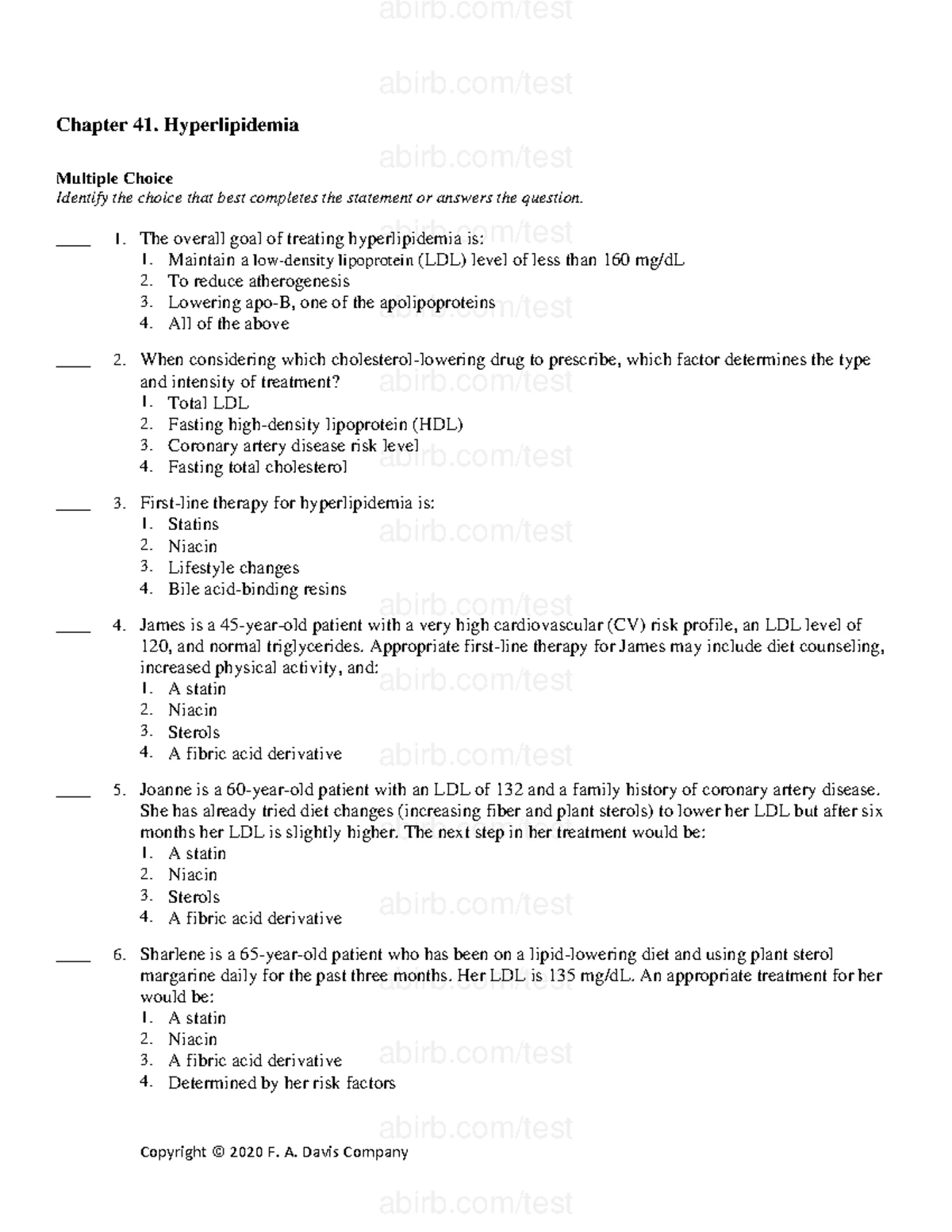 Ch38 - test bank - Copyright © 2020 F. A. Davis Company Chapter 38 ...