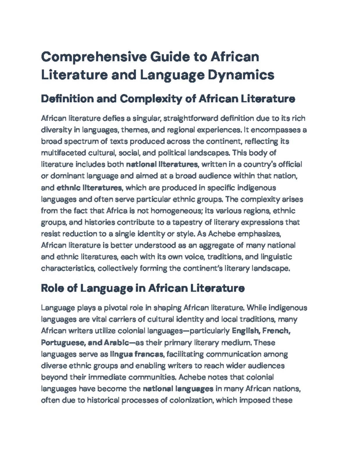 Comprehensive Guide to African Literature & Language Dynamics - Studocu