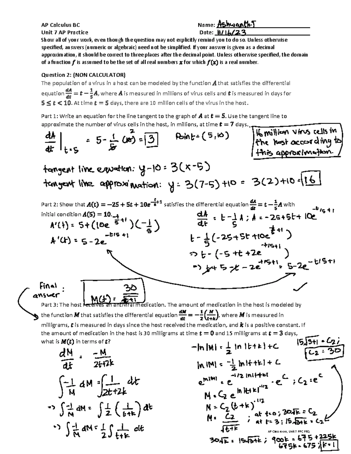 AP Calculus (APC) Unit 7 MCQ Progress Check Analysis - Studocu