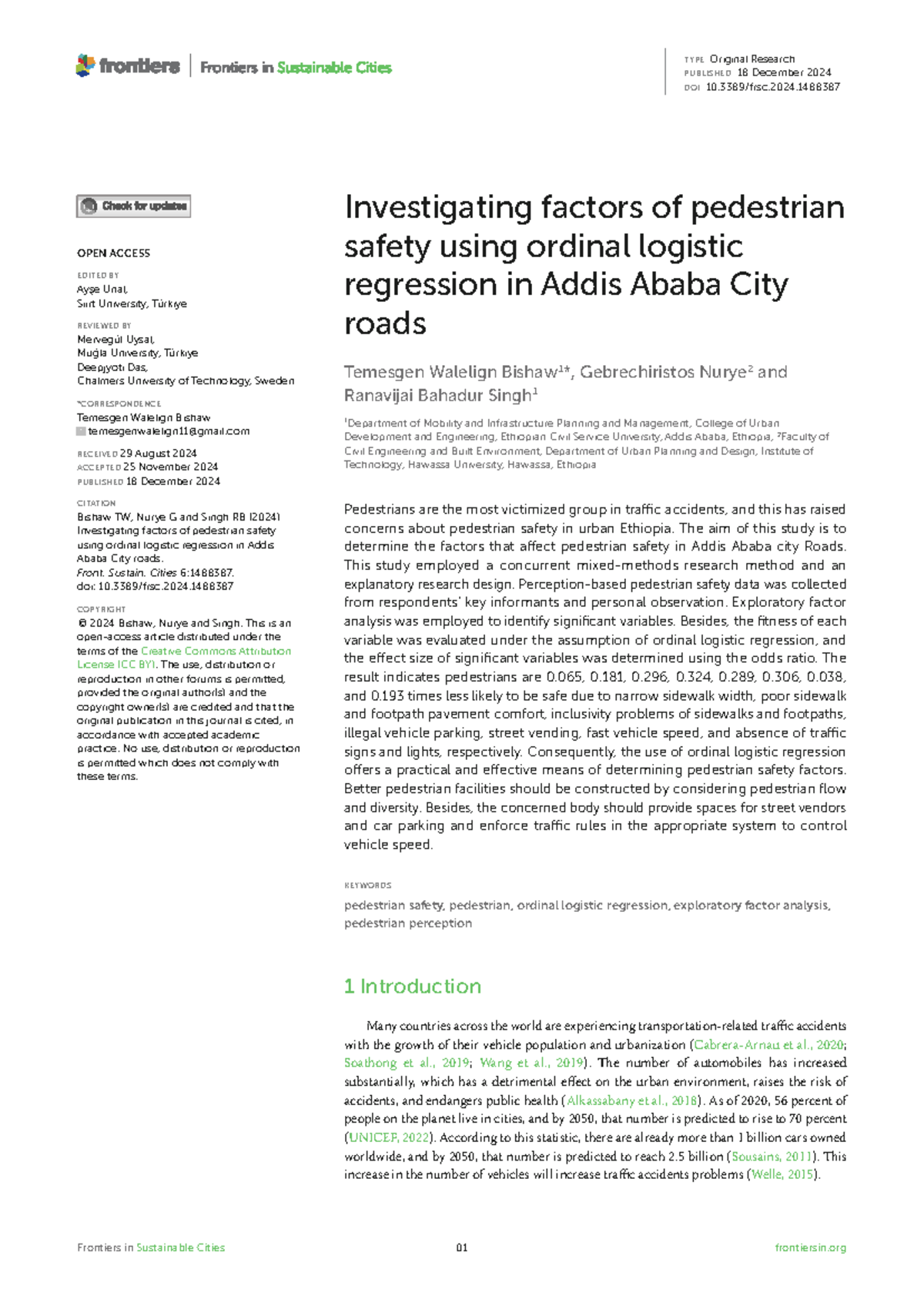 Investigating Pedestrian Safety Factors in Addis Ababa City Roads: An ...