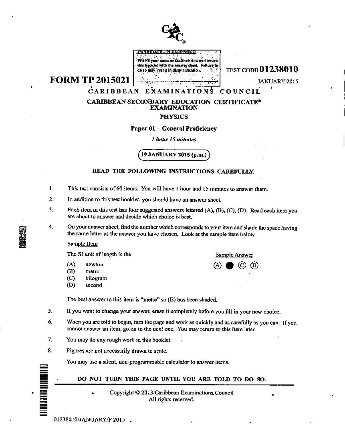 CSEC Physics Paper 01 General Proficiency Exam Instructions 2023 - Studocu