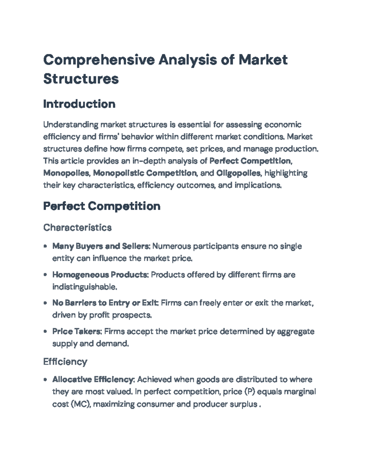 Analysis of Market Structures: Perfect Competition, Monopoly ...