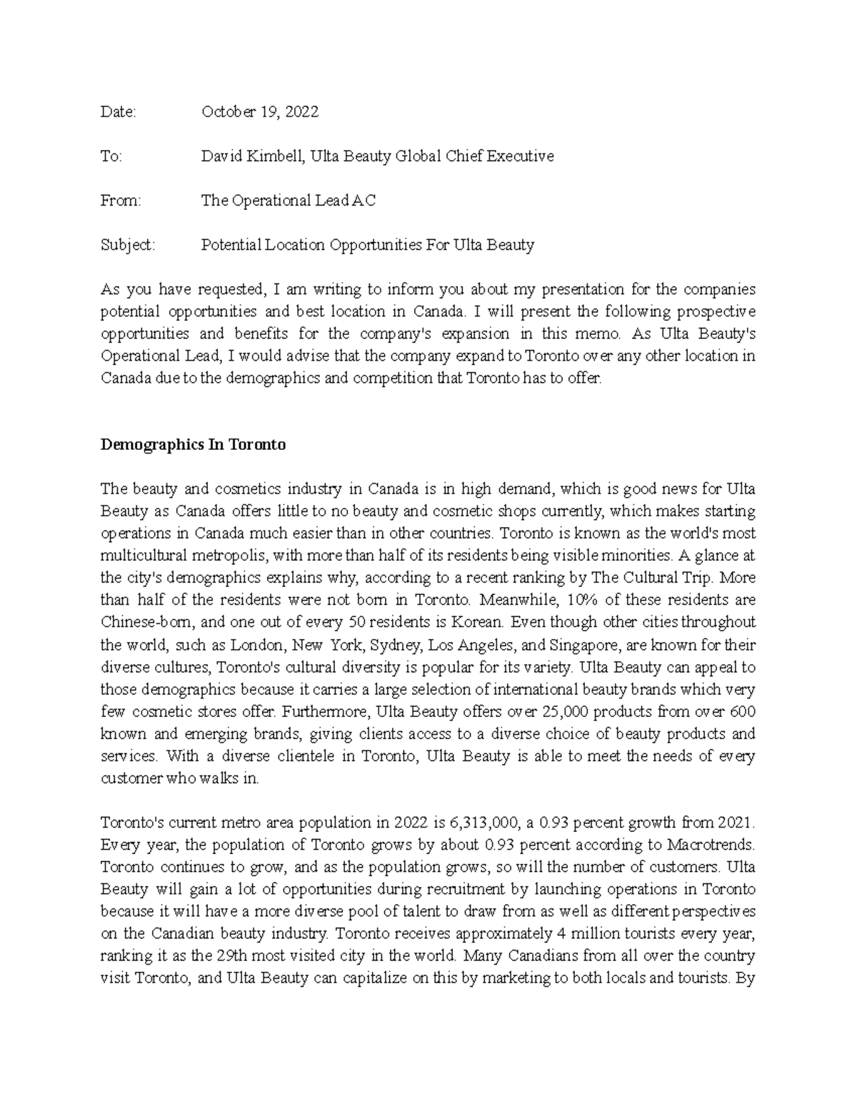 Memo 2 ADM 2381 - Date: October 19, 2022 To: David Kimbell, Ulta Beauty ...