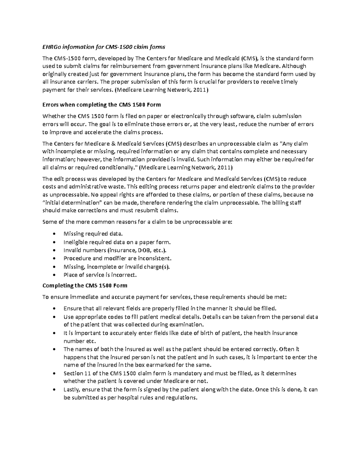 EHRGo CMS 1500 Claim Form Submission Guidelines - Studocu