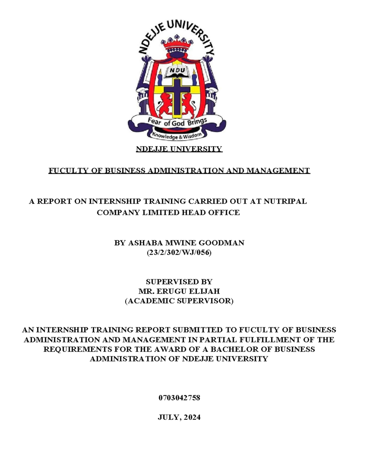 Internship Report: BBA Experience at Nutripal Company Limited - Studocu