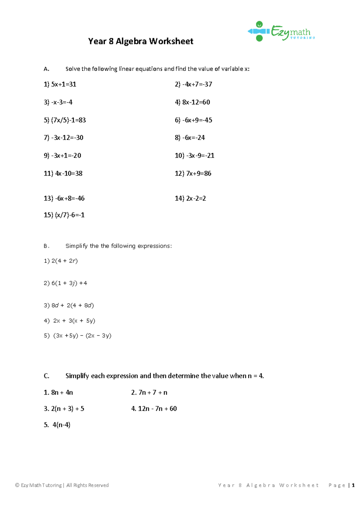 Year 8 Algebra Worksheet Exercises and Solutions - Studocu