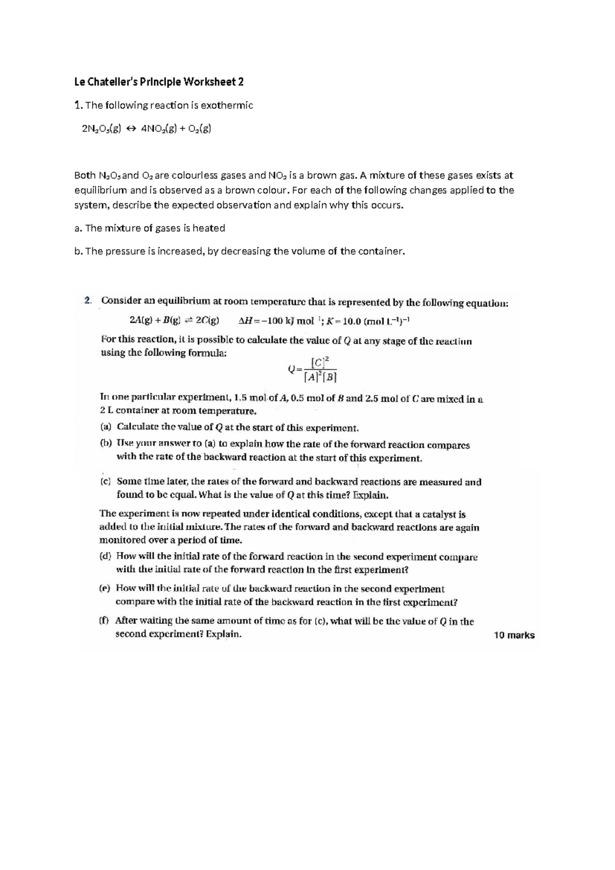 Le Chatelier’s Principle Worksheet 2 - A mixture of these gases exists ...