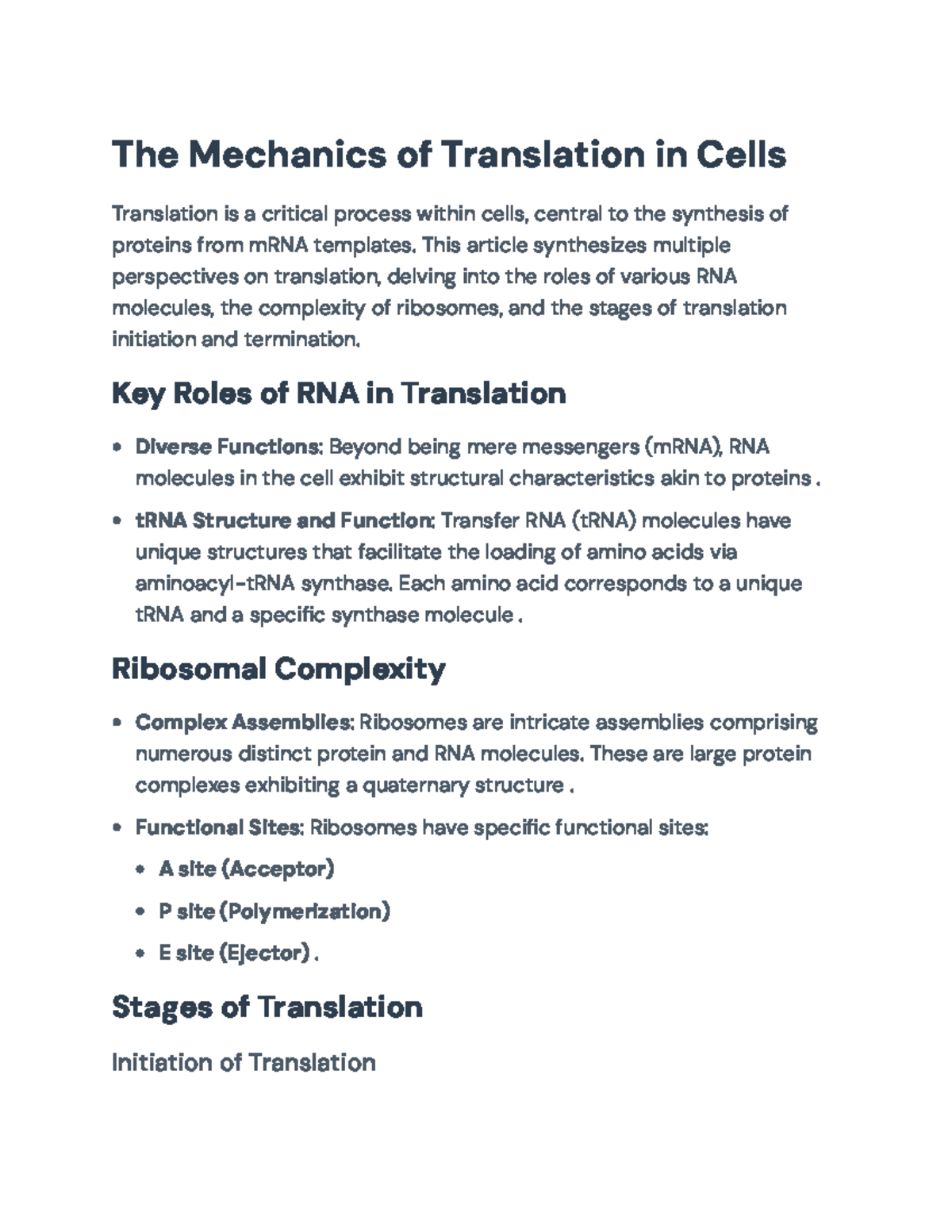 The Mechanics of Translation in Cells: RNA Roles & Ribosome Complexity ...