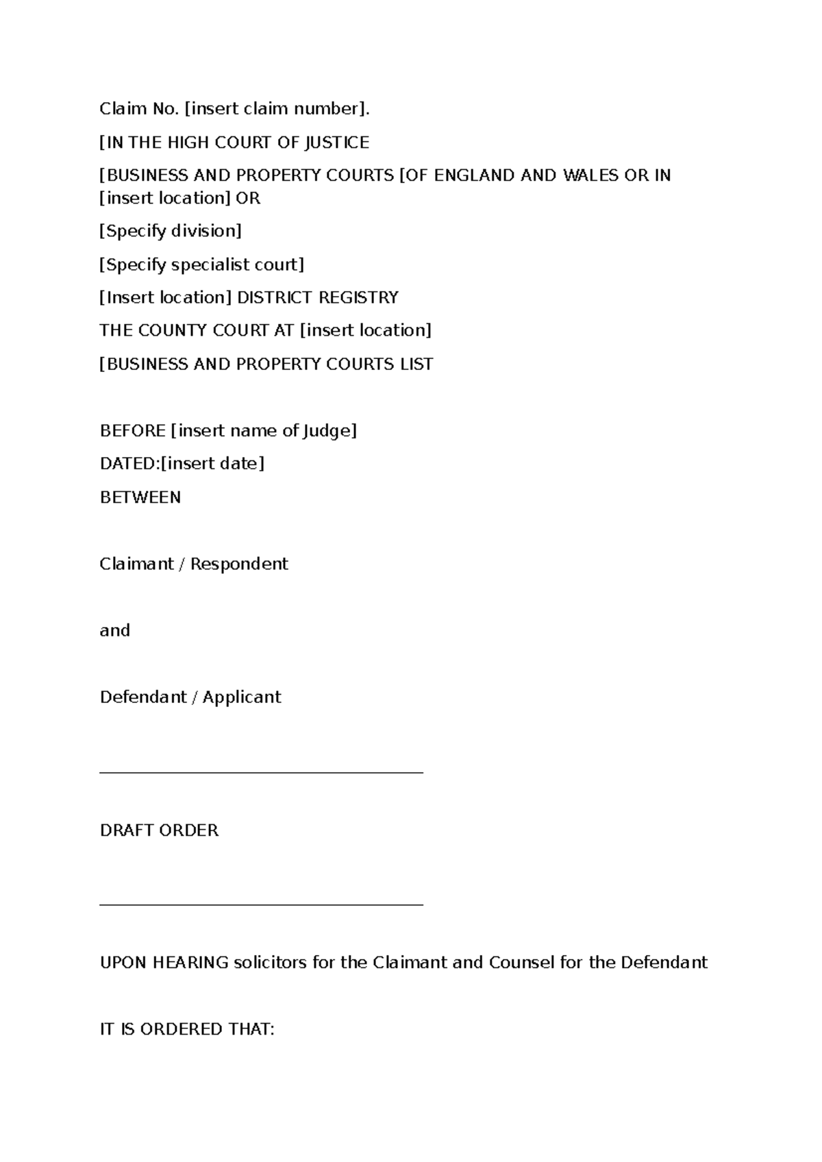 Draft Order Set aside - Claim No. [insert claim number]. [IN THE HIGH ...