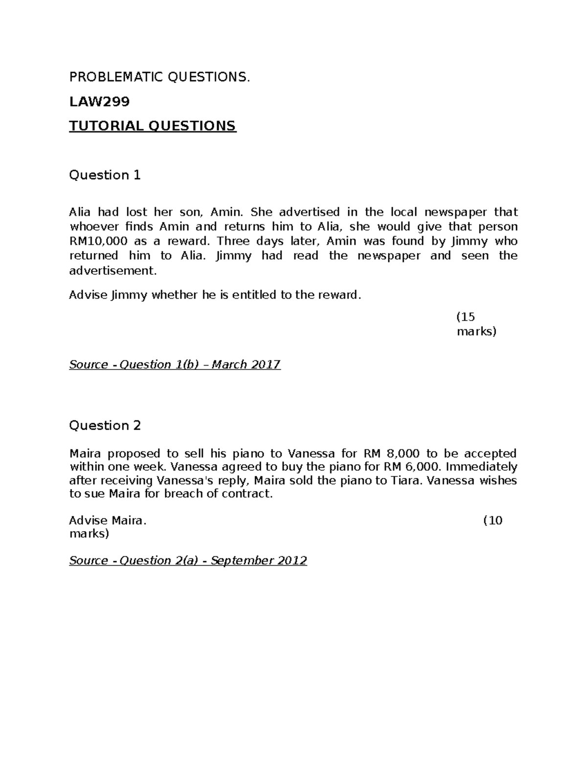 LAW299 Tutorial Problematic Questions (Contract) - Business Law - UiTM ...