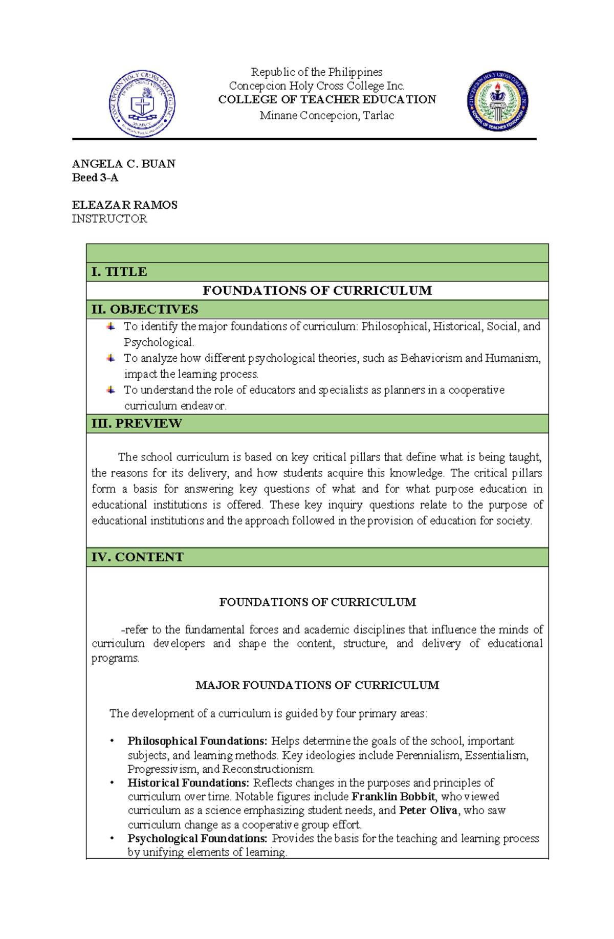 Foundations of Curriculum: Key Pillars and Theories (BEED) - Studocu