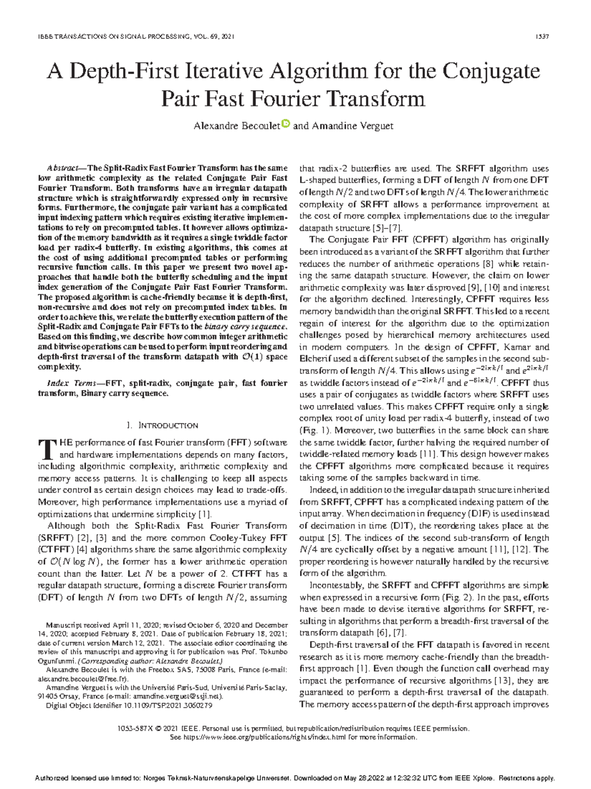 A Depth First Iterative Algorithm For The Conjugate Pair Fast Fourier 8906